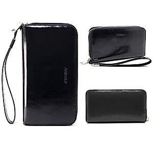 ANDOILT Genuine Leather Wallet for Women Men RFID Blocking Credit Card Holder Zipper Purse Cell Phone Handbag Huge Storage Capacity Black&Silver Chain