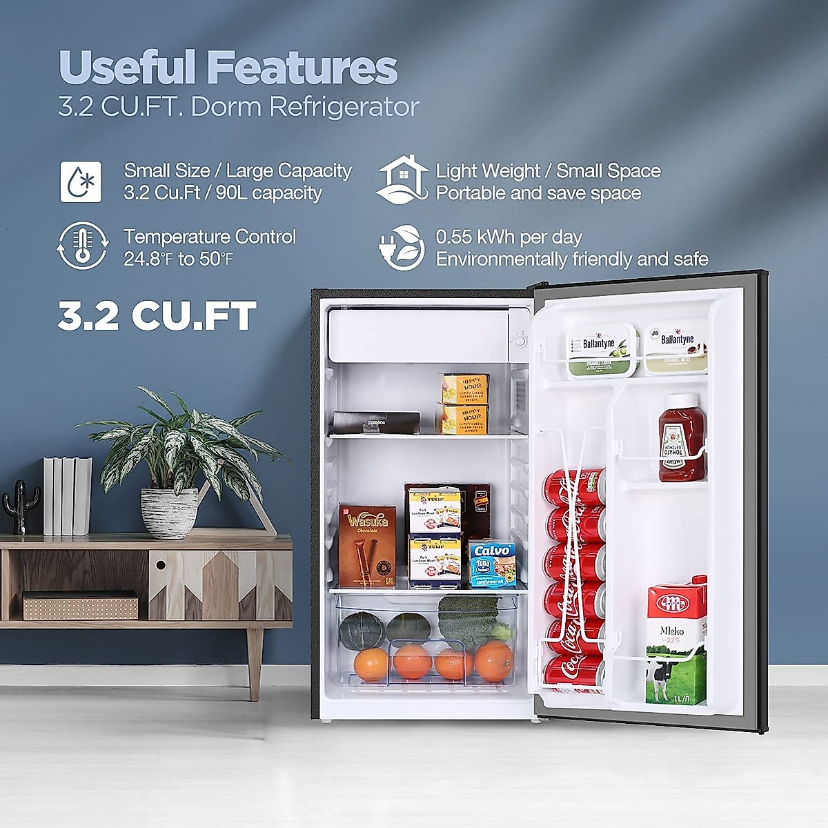 Compact Fridge 3.2 CU.FT. Mini Dorm Refrigerator Small Fridge with Freezer, 37 dB Low Noise, Adjustable Temperature, Reversible Door, for Home Office Dorm or RV (Black)