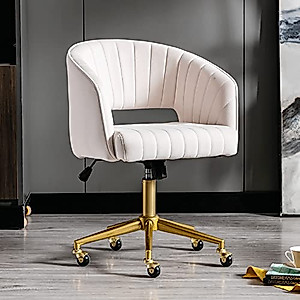 ABET Desk Chair with Wheels, Velvet Home Office Chair, Swivel Armchair with Gold Base, Upholstered Modern Accent Chairs, Back Incline Adjustable for Vanity Living Room Bedroom, Off-White Cream