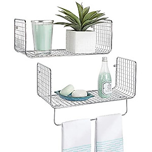 mDesign Metal Wire Farmhouse Wall Decor Storage Organizer Shelving Set - 1 Shelf with Towel Bar for Bathroom, Laundry Room, Kitchen, Garage - Wall Mount, 2 Pieces - Chrome