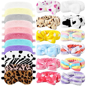 Newcotte 24 Pcs Sleepover Party Supplies: 12 Plush Eye Masks, 12 Hair Bands with Bows, Faux Fur Headbands for Girls and Women (Colorful Style)