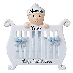2023 New Baby in Crib Personalized Baby`s First Christmas Hanging Tree Ornament New Born Baby Gift-Free Personalized (Blue)