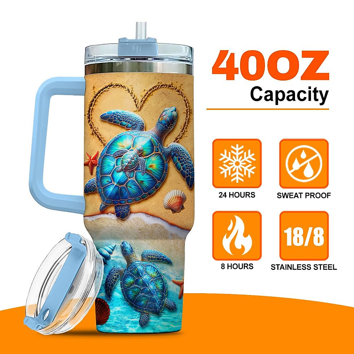 99WHALE Tumbler 40 Oz With Handle Lid And Straw, Summer Myrtle Navy Beach For Tumblers Royal Women Insulated Blue Handle, Sea Turtle Seashells Inspiration, Sea Turtle Gifts
