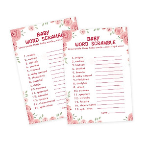 OLOUTAB 50 Baby Shower Games for Girl-Baby Shower Word Scramble Game,Floral Theme, Thick Cardstock, Fun and Easy to Play,Hilarious Baby Shower Games(with Answer)