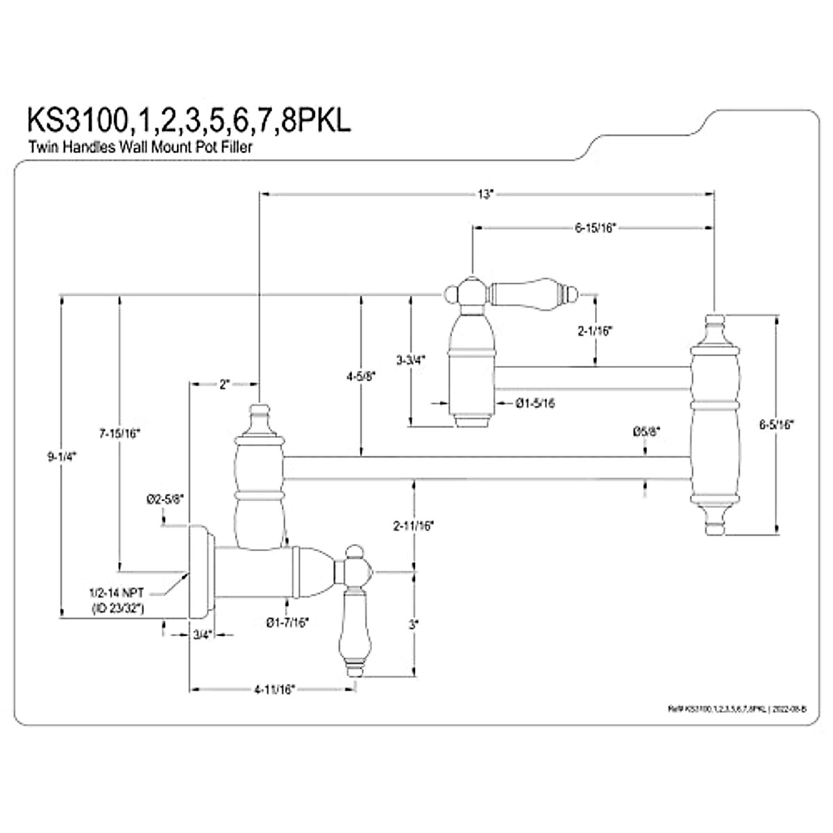Kingston Brass KS3105PKL Duchess Pot Filler, Oil Rubbed Bronze
