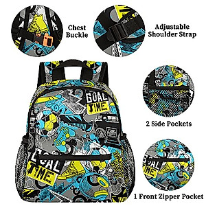 Sports Soccer Football Kids Backpack for Boys, Soccer Ball Skateboard Toddler Mini Backpack for Elementary Nursery Kindergarten Preschool, Back to School Bookbags Student Travel Bag with Chest Strap