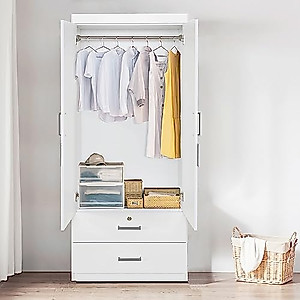FurnitureR 2 Door Wardrobe, Wooden Armoire with Drawers and Hanging Rod for Bedroom 68.2-Inch Wardrobe Storage Cabinet, White