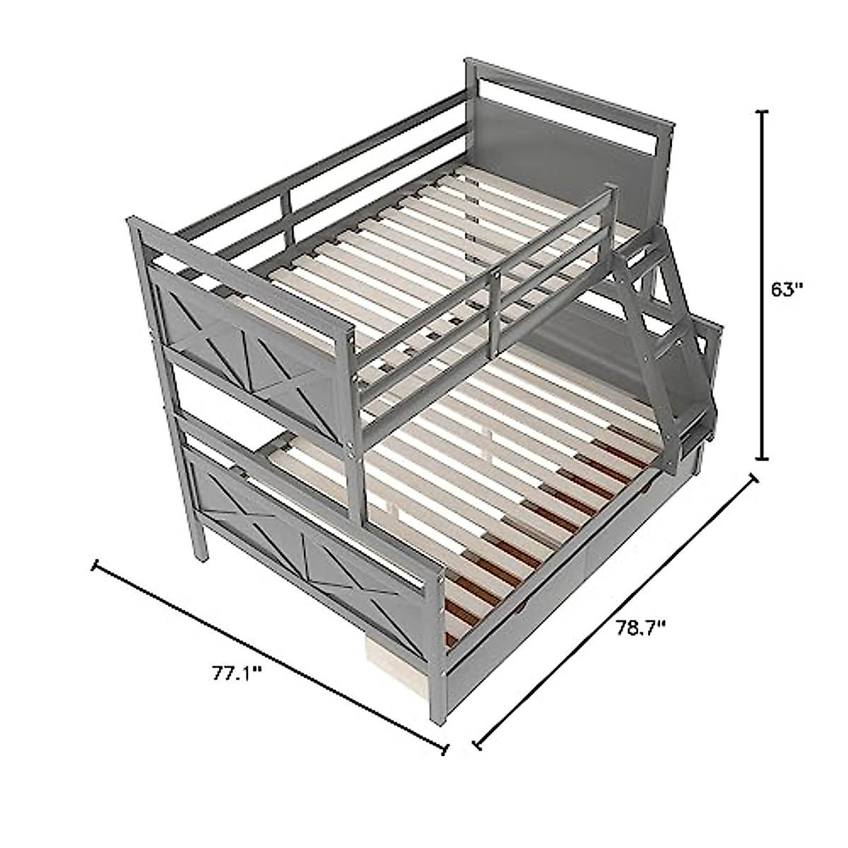 GLORHOME Twin Over Full Bunk Bed with 2 Storage Drawers, Solid Wood Bed Frame with Safety Rail and Ladder, Kids/Teens Bedroom, Guest Room Furniture, Can Be Converted into 2 Beds, Grey