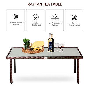 Outsunny Patio Wicker Dining Table, Outdoor Rattan Coffee Table with Glass Top for Garden, Patio, or Backyard, Deep Coffee