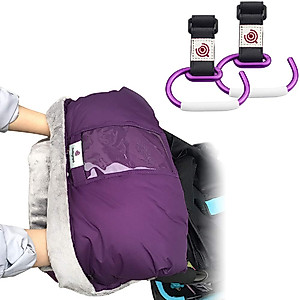 Stroller Hand Warm Muff Pram Gloves with 2 Stroller Hooks Winter Waterproof Anti-Freeze Fleece Baby Stroller Pushchair Warm Gloves Gift for Parents and Caregivers (Purple)