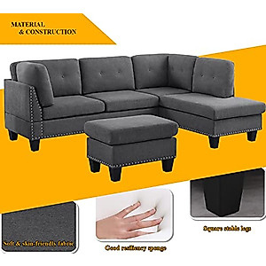 Flesser Small Sectional Sofa with Chaise Lounge Sofa and Convertible Ottoman L Shape Living Room Small Couches 3 Seat Sofa Couch for Home Office, Right Facing Couch in Dark Grey