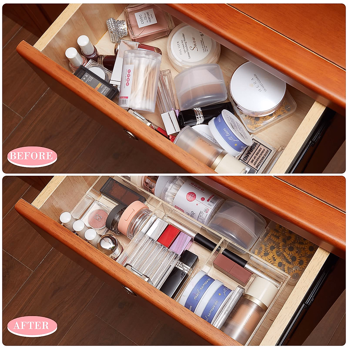 Clear Drawer Organizer 2 Pieces 6 Section Clear Desk Organizer with Dividers 3 Section Acrylic Makeup Tray Divided Clear Drawer Inserts Sectioned Organizer Tray Makeup Organizer Drawers Storage