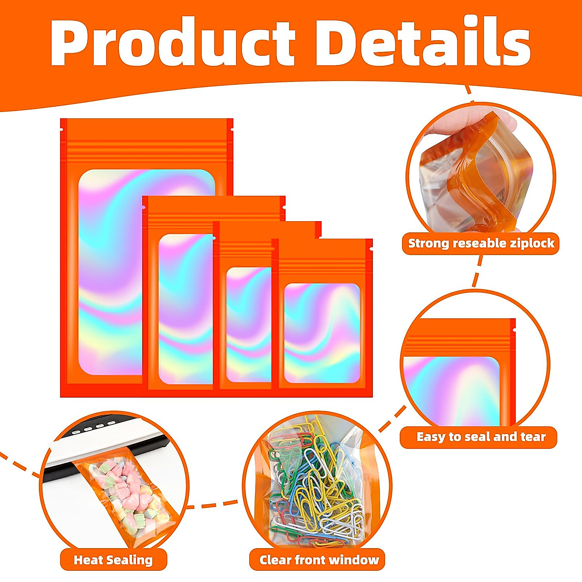 100PC Smell Proof Bags 4 Size Resealable Mylar Holographic Bags with Clear Window - Odor-Proof Packaging Pouches for Food Candy Storage, Eyelashes, Jewelry, Electronics,Small Business (Orange)