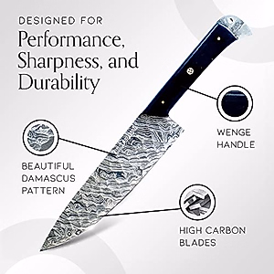 Breliser 3-Piece Full Diamond-Hammered Damascus Knife Set, Wenge Handle - Chef, Santoku, Paring - Leather Knife Roll - Knife Care Kit