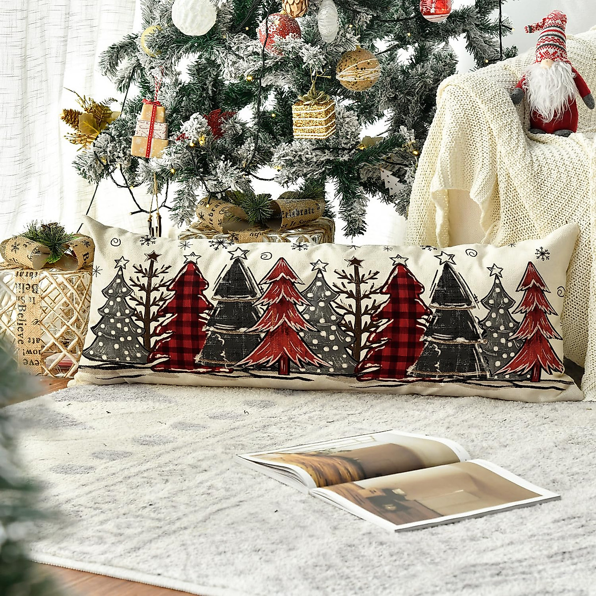 AVOIN colorlife Watercolor Red and Black Buffalo Plaid Christmas Trees Long Lumbar Pillow Cover 14 x 36 Inch, Winter Holiday Long Body Pillow Case for Bed Sofa Bench