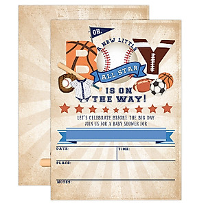 Your Main Event Prints All Star Sports Baby Shower Invitations - Football, Baseball, Basketball Boy Baby Shower Invitations - 20 Fill-in Style - Envelopes Not Included