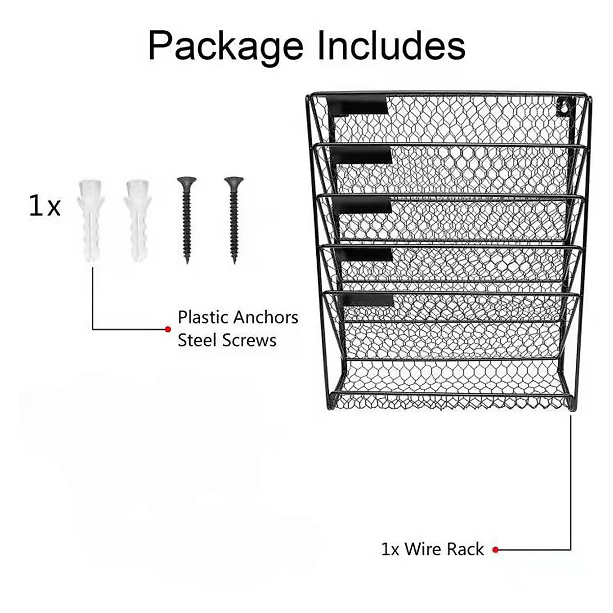JINGWAYS Wall File Holder Hanging Mail Organizer Metal Chicken Wire Wall Mount Magazine Rack for Home and Office (Black)