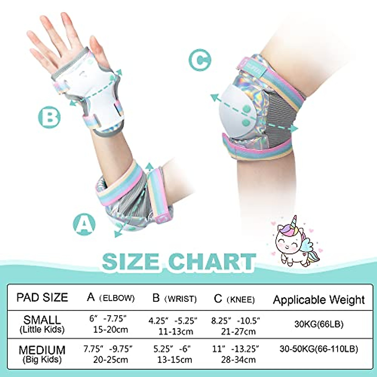 SULIFEEL Rainbow Unicorn Roller Skates for Kids with Adjustable Protective Gear Set Shiny Small