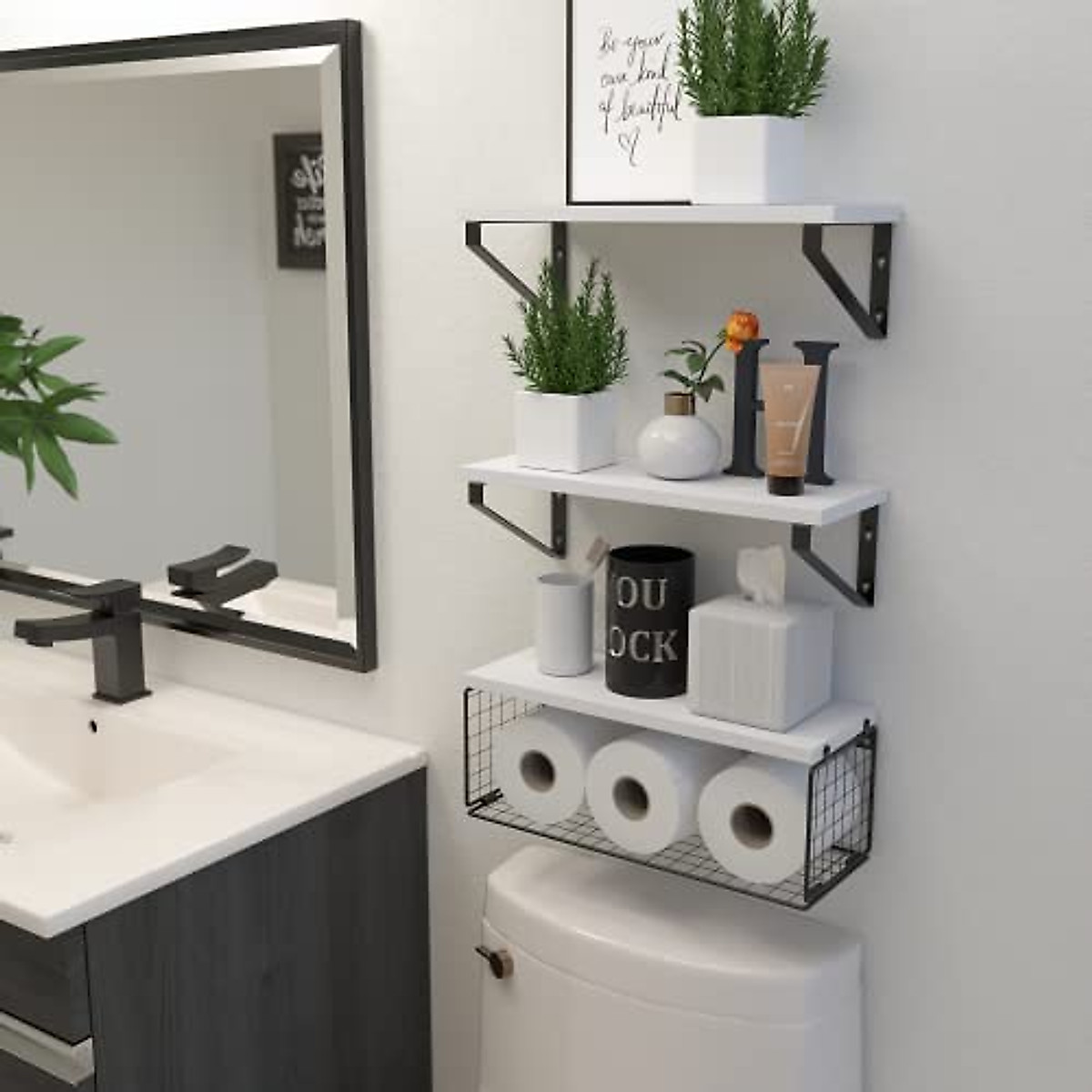 DOLLFIO Floating Shelves for Bathroom with Basket, Wooden Wall Shelves, Floating Shelves for Wall Décor, Wall Mounted Floating Shelf for Bathroom, Floating Shelf for Wall, Bedroom, Living Room–White