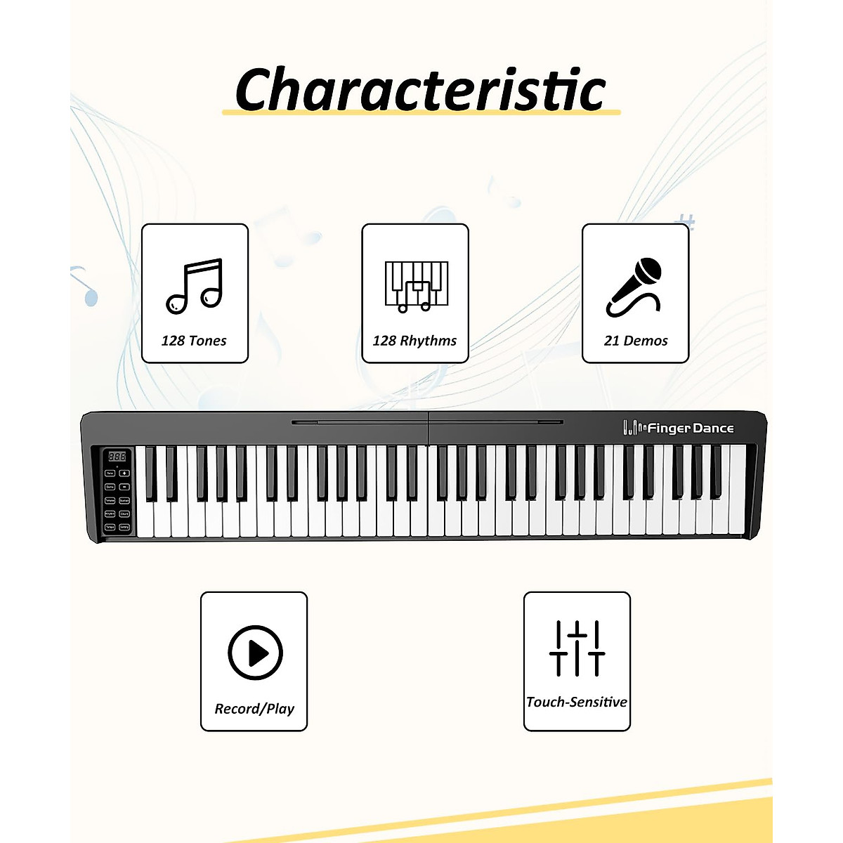 Finger Dance 61 Key Folding Piano Keyboard, Upgrand Imitation Wood Texture Keyboard Portable Piano, Bluetooth & MIDI, Foldable Keyboard Piano for Beginner - Deep Black