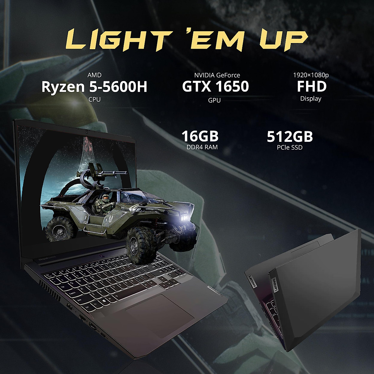 Lenovo IdeaPad Gaming 3 15.6” FHD 120Hz Laptop, AMD Ryzen 5 5600H, NVIDIA GeForce GTX 1650 4GB DDR6, 16GB RAM, 512GB SSD, Backlit Keyboard, Wi-Fi, Bluetooth, Black, Win 11 Pro, 32GB Hotface USB Card