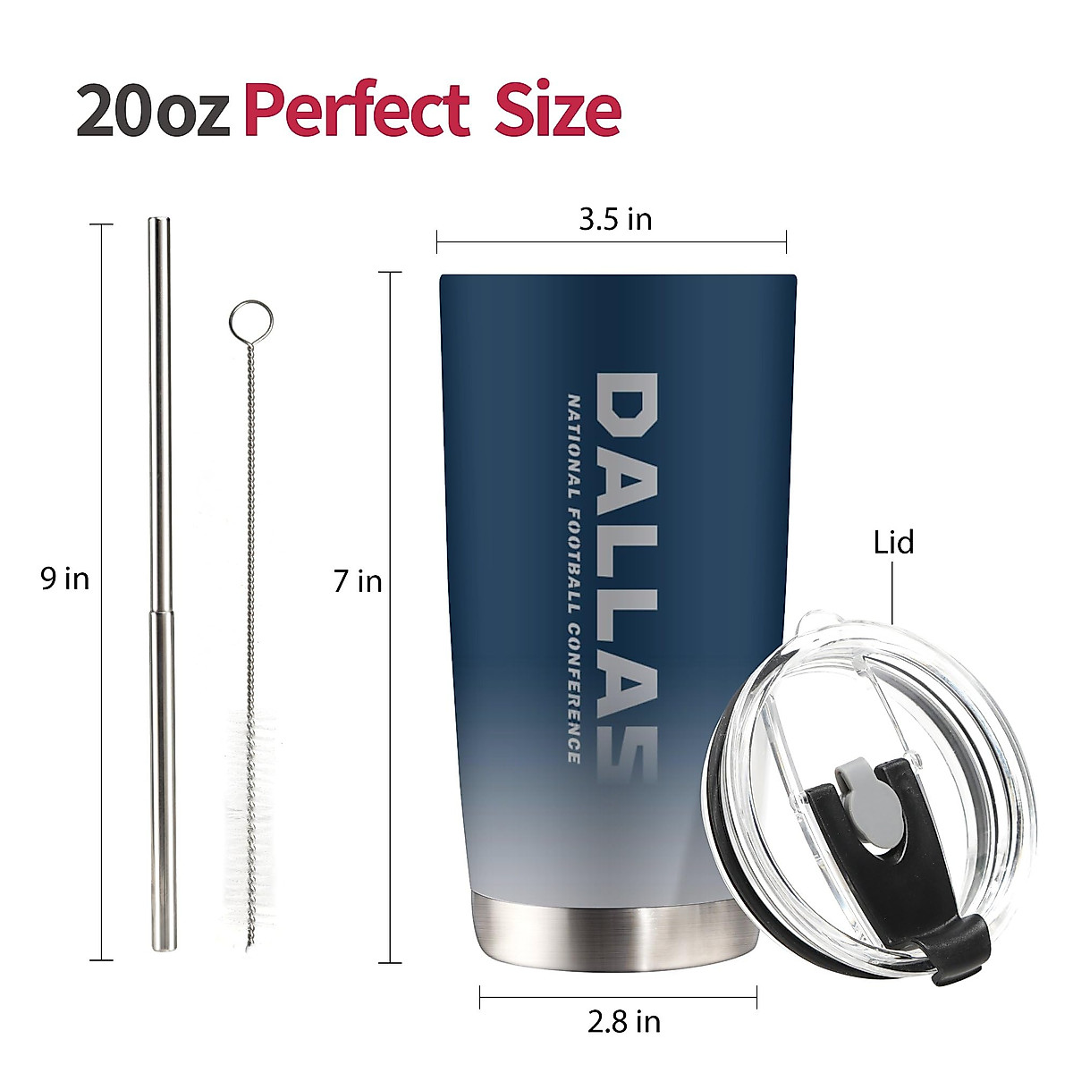 Custom Dallas Tumbler 20oz Stainless Steel with Lid & Straw Personalized Football Fans Gifts for Women Men Travel Cup Insulated Tumbler Add Name Number