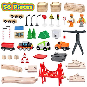 WOOD CITY Wooden Train Set, 56-Piece Deluxe Kids Toy Train Set for 2 3 4 5 Year Old Boy, Cargo-Themed Train Track with Tower Crane & Suspension Bridge - Fits Thomas Brio Chuggington Melissa Orbrium
