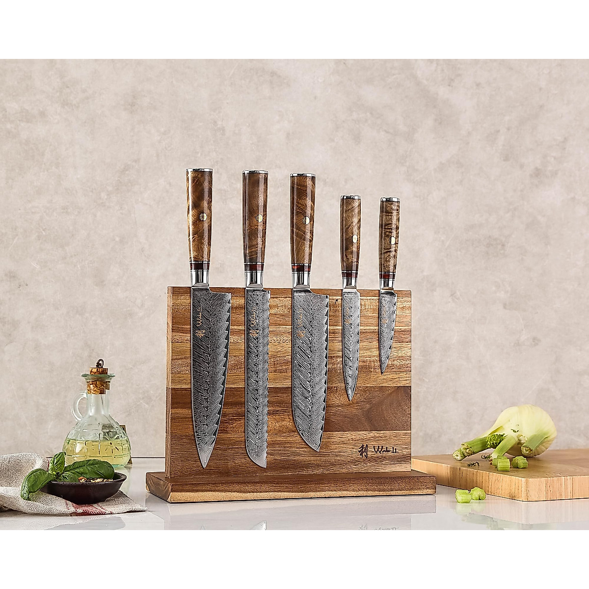 Wakoli Knife Block Sets, 5 Pieces Chef Knife Set with Block - Damascus Kitchen Knife Set with Magnetic Knife Block, Professional Kitchen Knife Block Set with Sycamore Wood Handles (Culinary Sycamore)