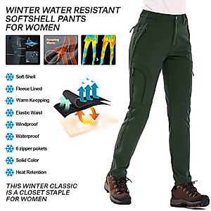 linlon Outdoor Women's Snow Ski Pants Soft Shell Fleece Lined Pants Water Resistant Camping Hiking Nylon Pants, Army Green 18