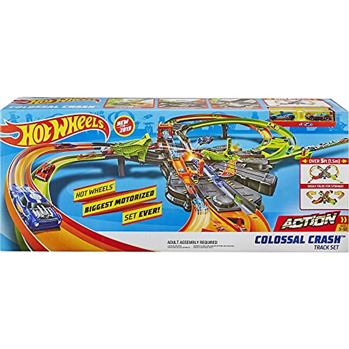 Hot Wheels Toy Car Track Set Colossal Crash, More Than 5-Ft Wide, Powered by Motorized Booster, 1:64 Scale Car