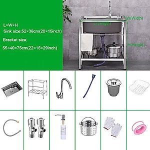 Freestanding Stainless Steel Kitchen Sink with Hot and Cold Faucet, Washing Hand Basin for Restaurant, Cafe, Bar, Hotel, Garage, Laundry Room (Size : 52x38cm(20x15inch))