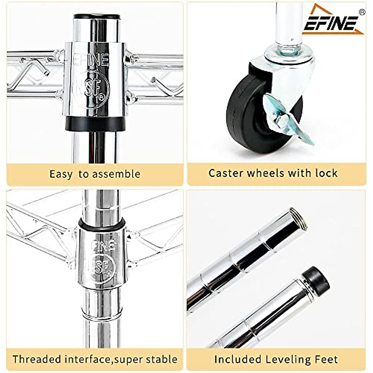 Catalina Creations EFINE Chrome 5-Shelf Shelving Unit on 3'' Wheels with Shelf Liners Set of 5, NSF Certified, Adjustable Heavy Duty Steel Wire Shelving Rack (30W x 14D x 63.7H) Pole Diameter 1 Inch