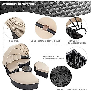 Walsunny Patio Furniture Round Daybed with Retractable Canopy, Outdoor Wicker Rattan Sectional Sofa Set,Seating Separates Cushioned Seats for Patio Lawn Backyard Pool