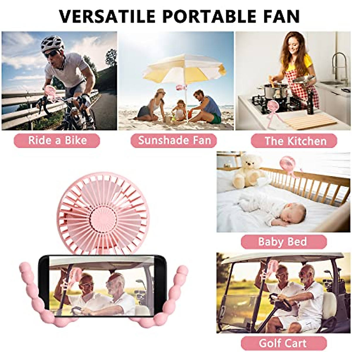 YKLWORLD Mini Stroller Fan, Handheld Portable Fan with Flexible Tripod, USB or Battery Powered Personal Desk Fan 3 Speeds Baby Fan with LED Light & Aromatherapy for Car Seat Crib Bike Treadmill - Pink