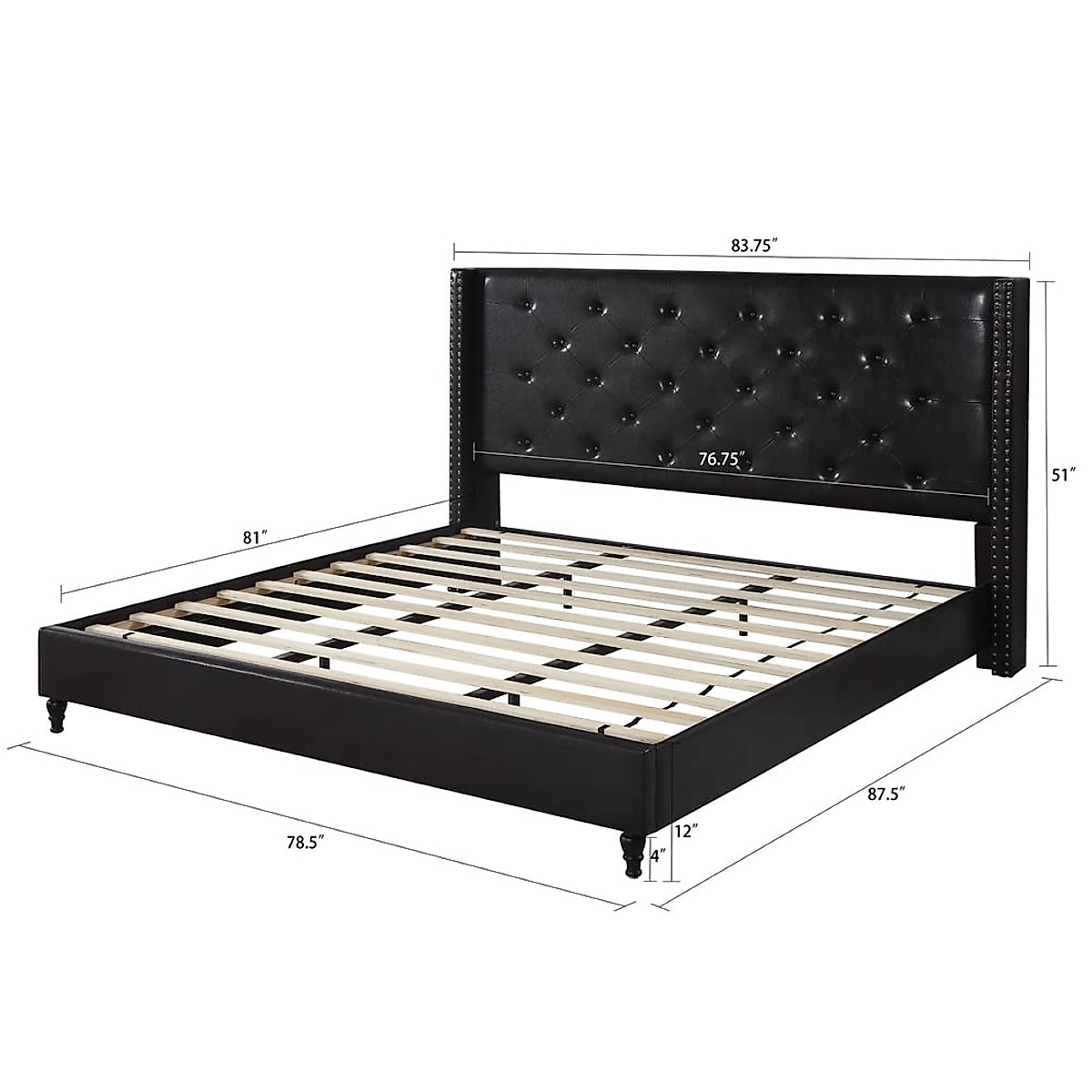 King Upholstered Platform Bed Frame with 51" Tall Headboard - Button Tufted Leather Bed - Wood Slat Support with Storage Space - No Box Spring Needed - Easy Assembly - Black - Oliver & Smith Astor