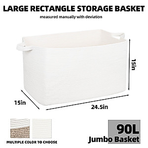 ZLG 90L Large Cotton Rope Rectangular Basket- White Woven Storage Basket - Ideal for Baby Quilt, Toy, and Clutter Sorting Basket, 24.4 "x 15" x 15 "