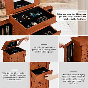 AVAWING Jewelry Cabinet Armoire with Top Flip Makeup Mirror, 5 Drawers&8 Necklace Hooks, Jewelry Storage Organizer with 2 Side Doors, Jewelry Armoire Box Chest with Top Organizer Compartment (Cherry)