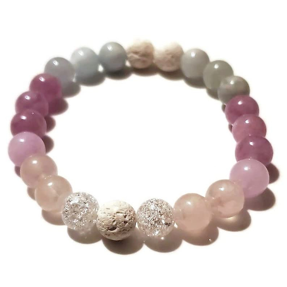 LKBEADS Natural Aquamarine Rose Quartz Purple Angelite 8mm rondelle smooth 7inch Semi-Precious Gemstones Beaded Bracelets for Men Women Healing Crystal Stretch Beaded Bracelet Unisex