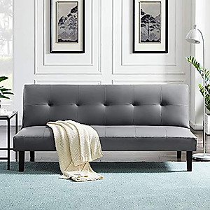 LTT Futon Sofa Bed, Futon Couch, Folding Sofa Bed Dual-Purpose Multi-Functional Grey Pu Solid Wood Legs Sofa Bed