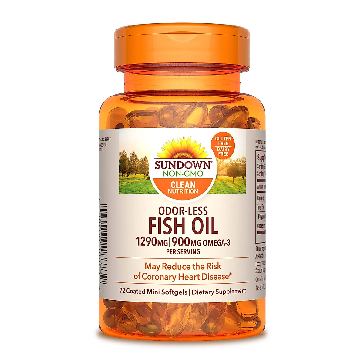 Sundown Odorless Fish Oil, 1290mg, Omega 3 Dietary Supplement, Supports Heart Health, 72 Coated Mini Softgels