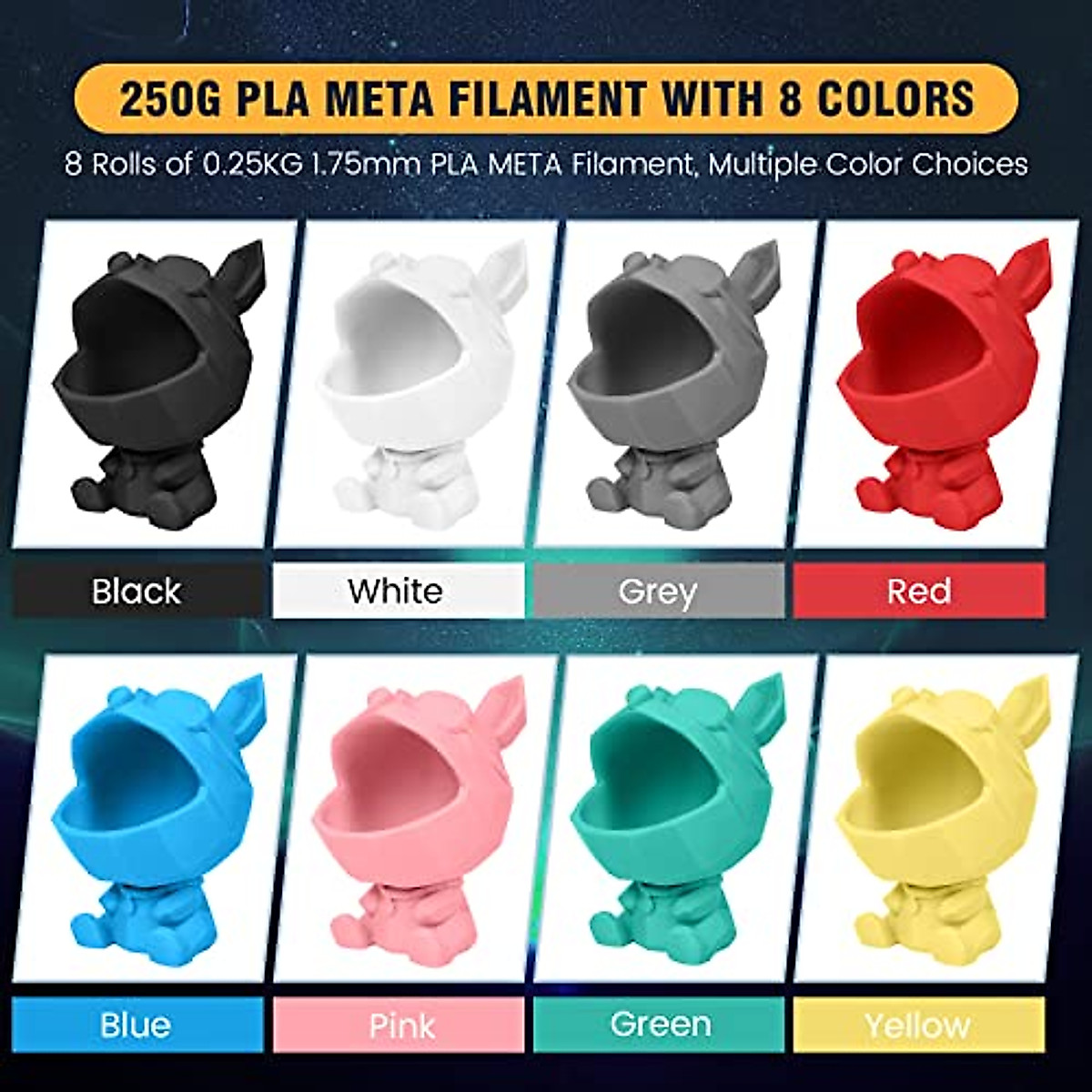 SUNLU 3D Printer Filament Bundle PLA META Filament 1.75mm, Neatly Wound PLA Filament Meta 2kg, 8 Colors, 0.25kg Spool, 8 Packs, Black+White+Grey+Blue+Green+Red+Yellow+Pink