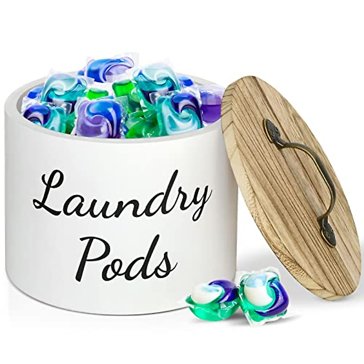 Laundry Pods Container with Lid for Laundry Room Decor, Wood Laundry Pods Holder Dryer Sheets Fabric Softener Dispenser, Farmhouse Laundry Room Organization and Storage