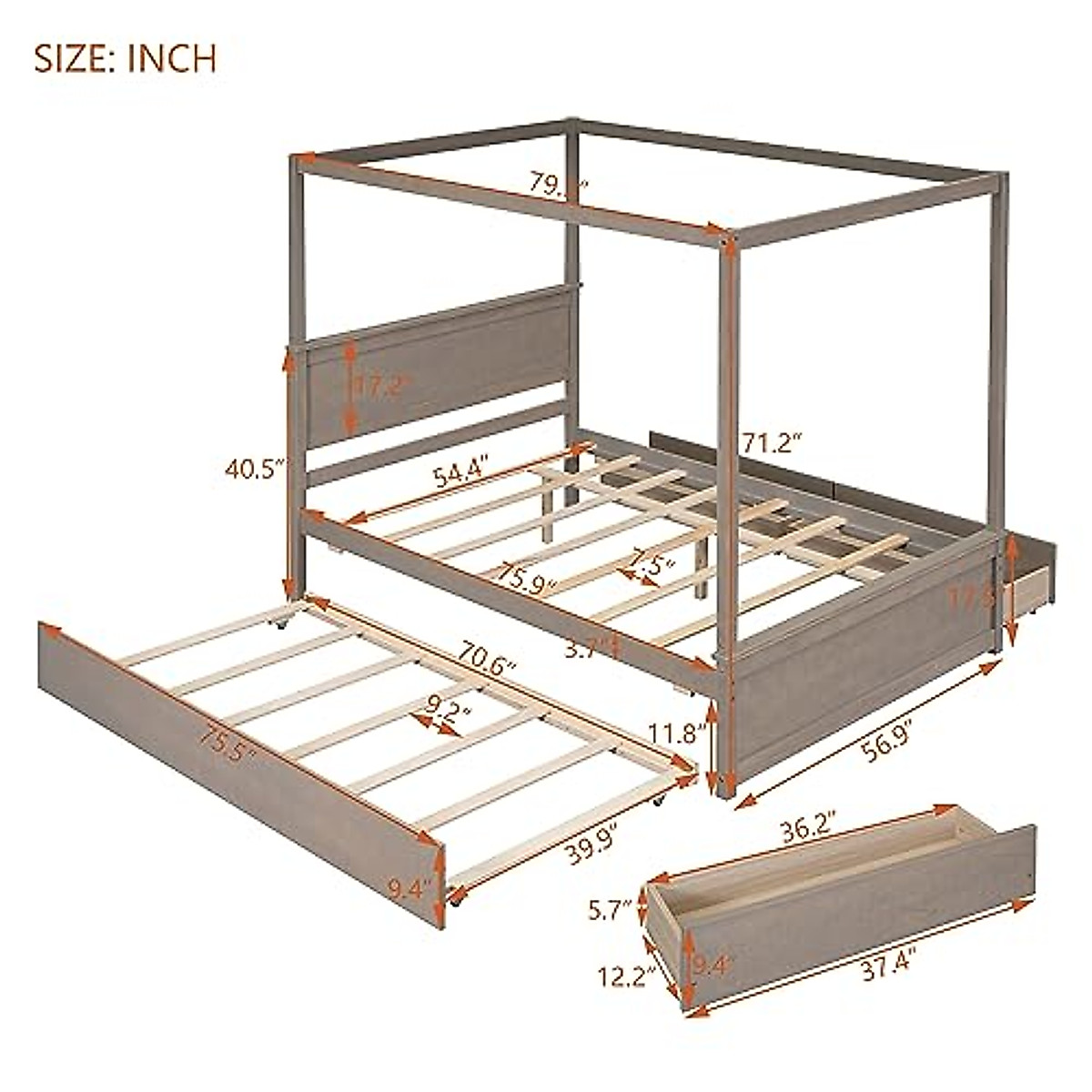 WADRI Modern Full Size Canopy Platform Bed with 2 Drawers and Trundle Bed, Wood Canopy Platform Bed with Support Slat, 4-Post Canopy Platform Bed Frame for Kids Teens Adult, No Box Spring Needed