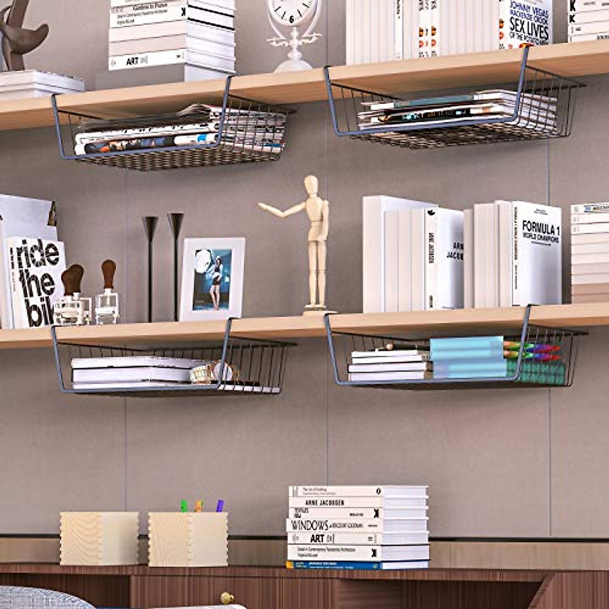 Under Shelf Basket, iSPECLE 4 Pack Under Cabinet Organizer Easy to Install and Use Versatile Metal Pantry Organizer Add Storage to Kitchen Cabinet Pantry Cupboards and Shelves, Black