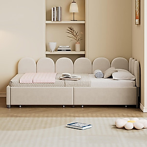 Nahenduo Twin Size Velvet Daybed with 2 Storage Drawers, Upholstered Corner Bed Frame with Arch-Shaped Headboard for Kids Girls and Boys, No Box Spring Needed (White, Twin)