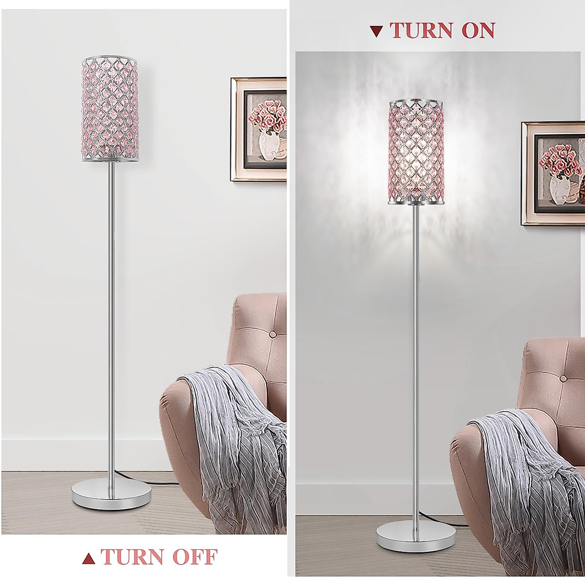 Crystal Floor Lamp for Bedroom, Silver Floor Lamp with Pink Shade, Girls Floor Lamp with On/Off Foot Switch, Elegant Standing Light Tall Pole Lamp for Living Room, Dresser, Office (E26 Base)