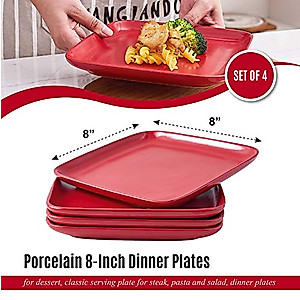 Bruntmor 8 inch Ceramic Dinner Plates- Set of 4, Porcelain Pasta Salad Plate Set For Kitchen, Dinnerware Dish Set, Dishwasher & Microwave Safe - Red