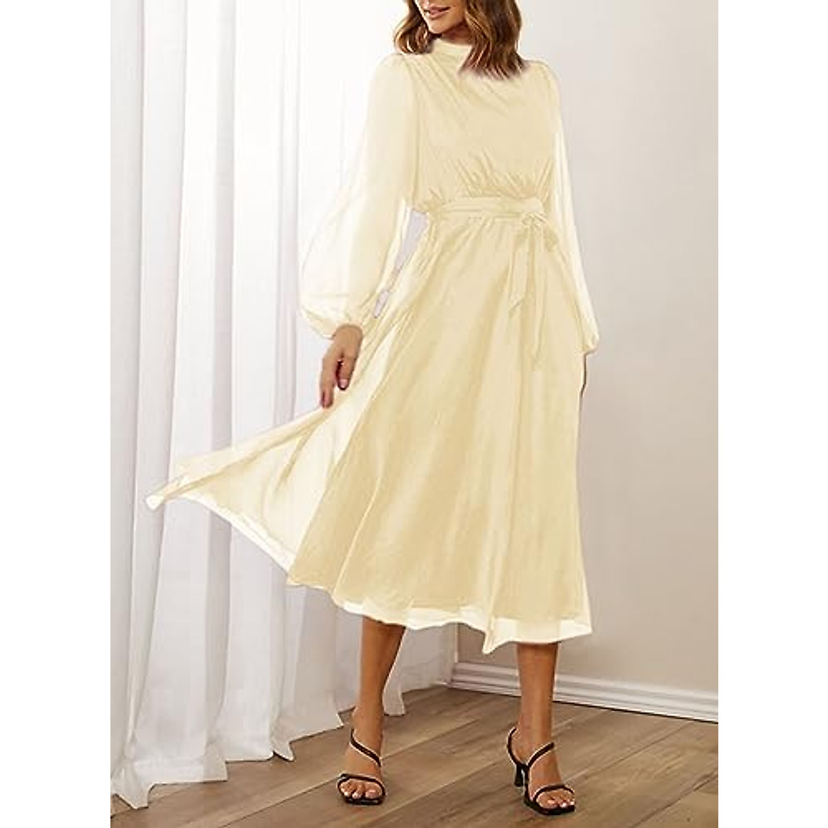 Dokotoo Womens Ladies Elegant Midi Dresses Sheer Long Sleeve Chiffon Elastic Waist A-Line Tie Waist Cocktail Evening Formal Dress for Women Fall Fashion 2023 Apricot Medium