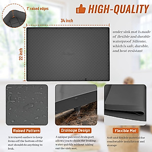 Mats Under Sink Kitchen Cabinet Mat, 34" x 22" flexible waterproof Silicone Cabinet Protector & Drip Tray Liner Unique Drain Hole Design. Hold up to 3.3 Gallons of Liquid(Black)