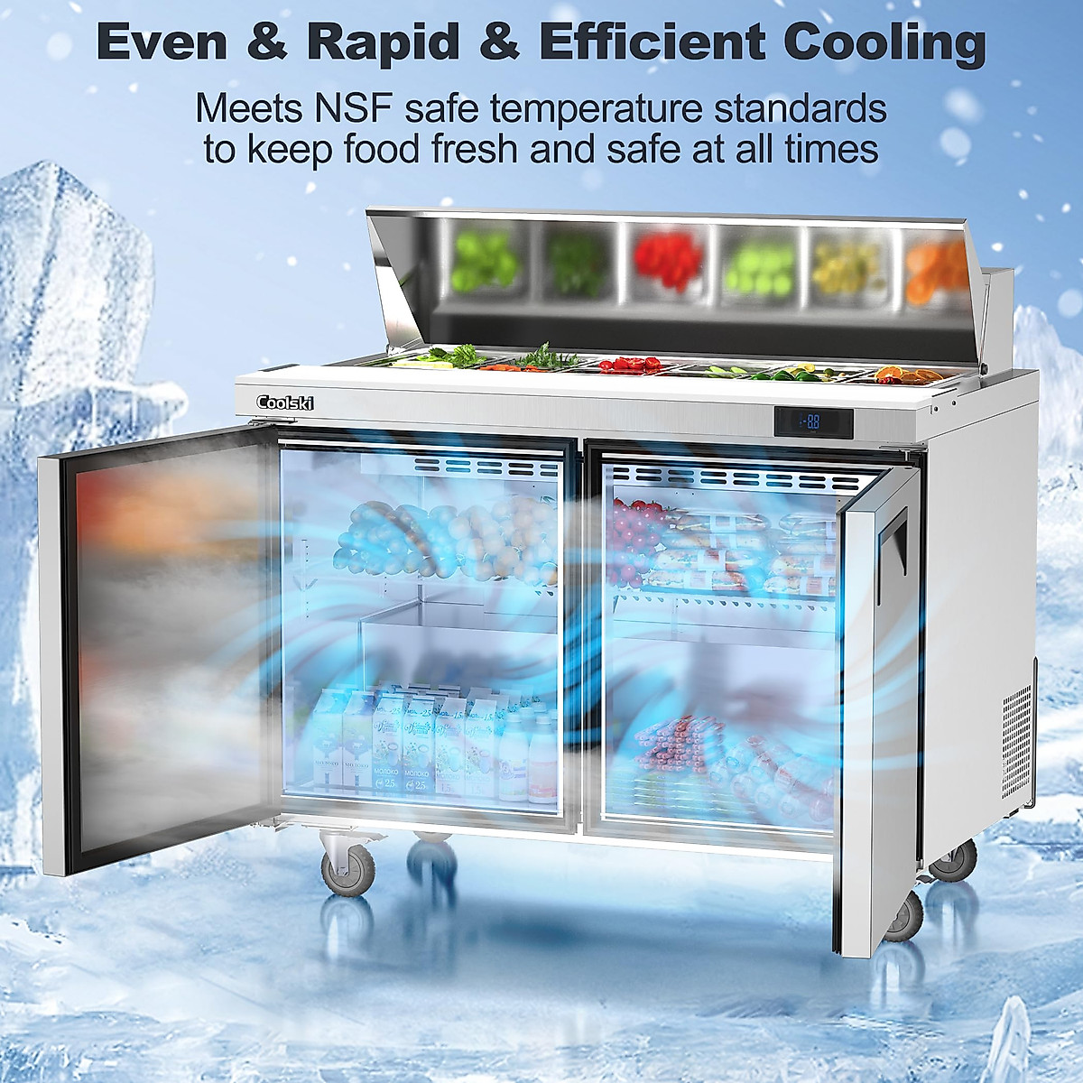 48’’ W Commercial Refrigerator 2 Door, Refrigerated Sandwich Salad Prep Table with 12 Pans Cutting Board, Mega Top/Stainless Steel/13 Cu.FT. Capacity/ETL NSF Approved